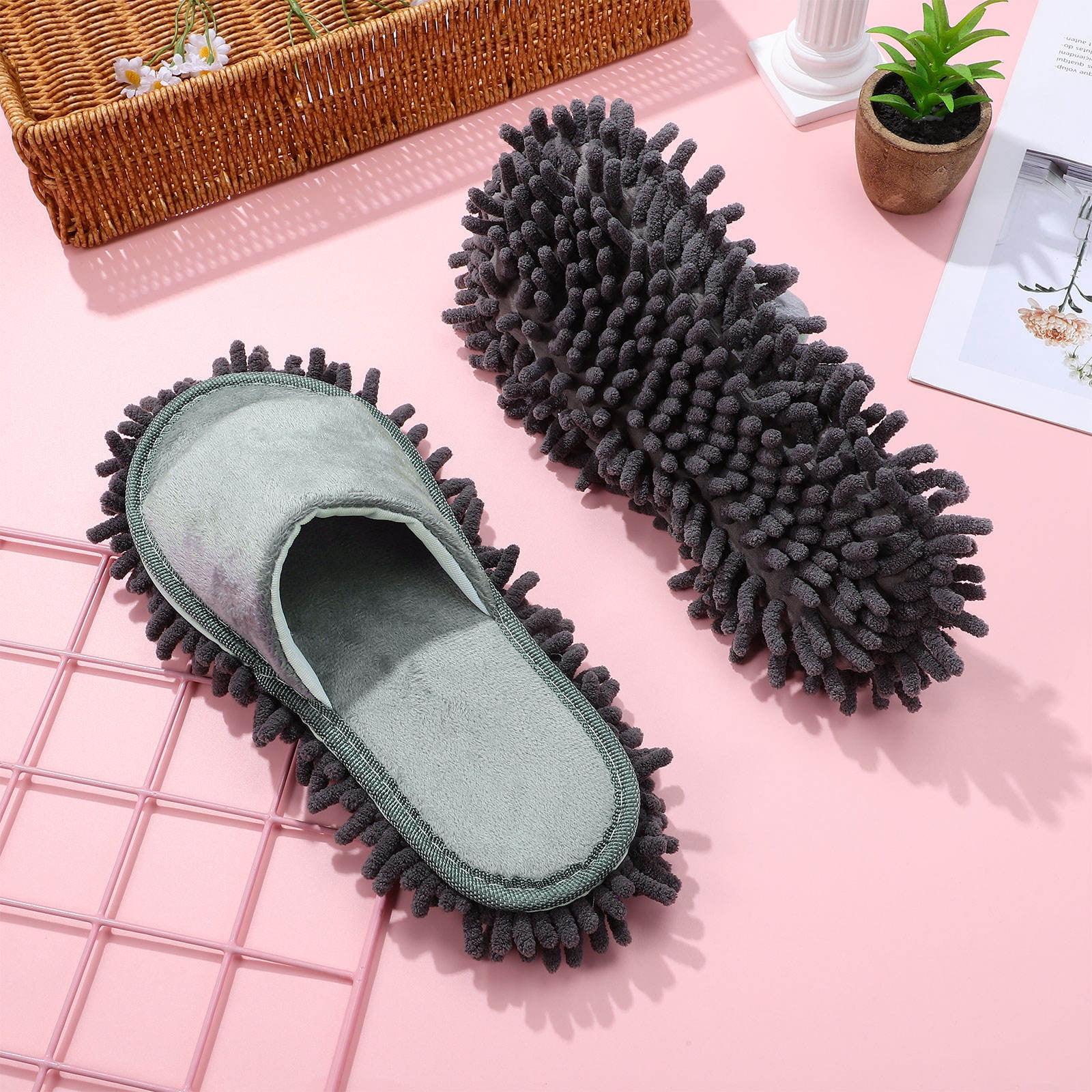 GAXIRE Mopping Slippers Grey Short Plush 1 Pair 10.6X4.7X1.2In ...