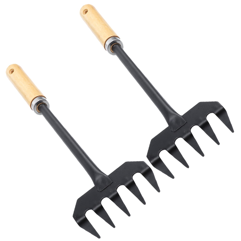 GAXIRE 2Pcs Compact Garden Hand Rake with Wood Handle Iron Tines for ...