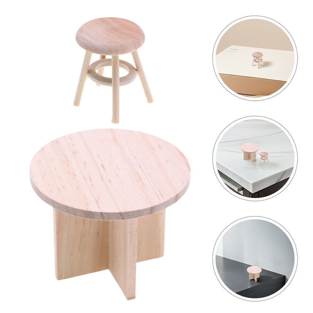 GAXIRE Miniature Wood Chair Set Classic Unfinished Round Stool and ...