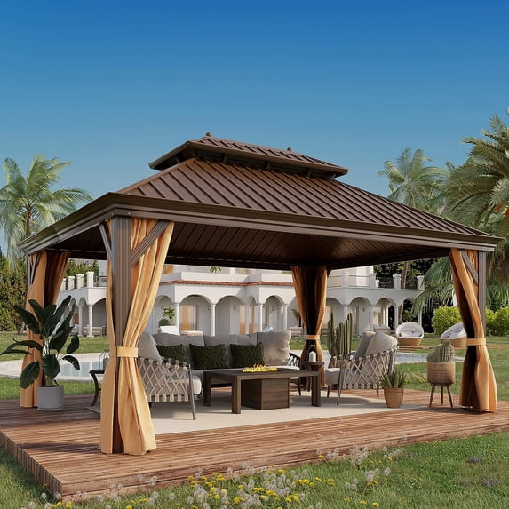 GAZEBEST 12'x16' Permanent Hard Metal Top Outdoor Gazebo with Double ...
