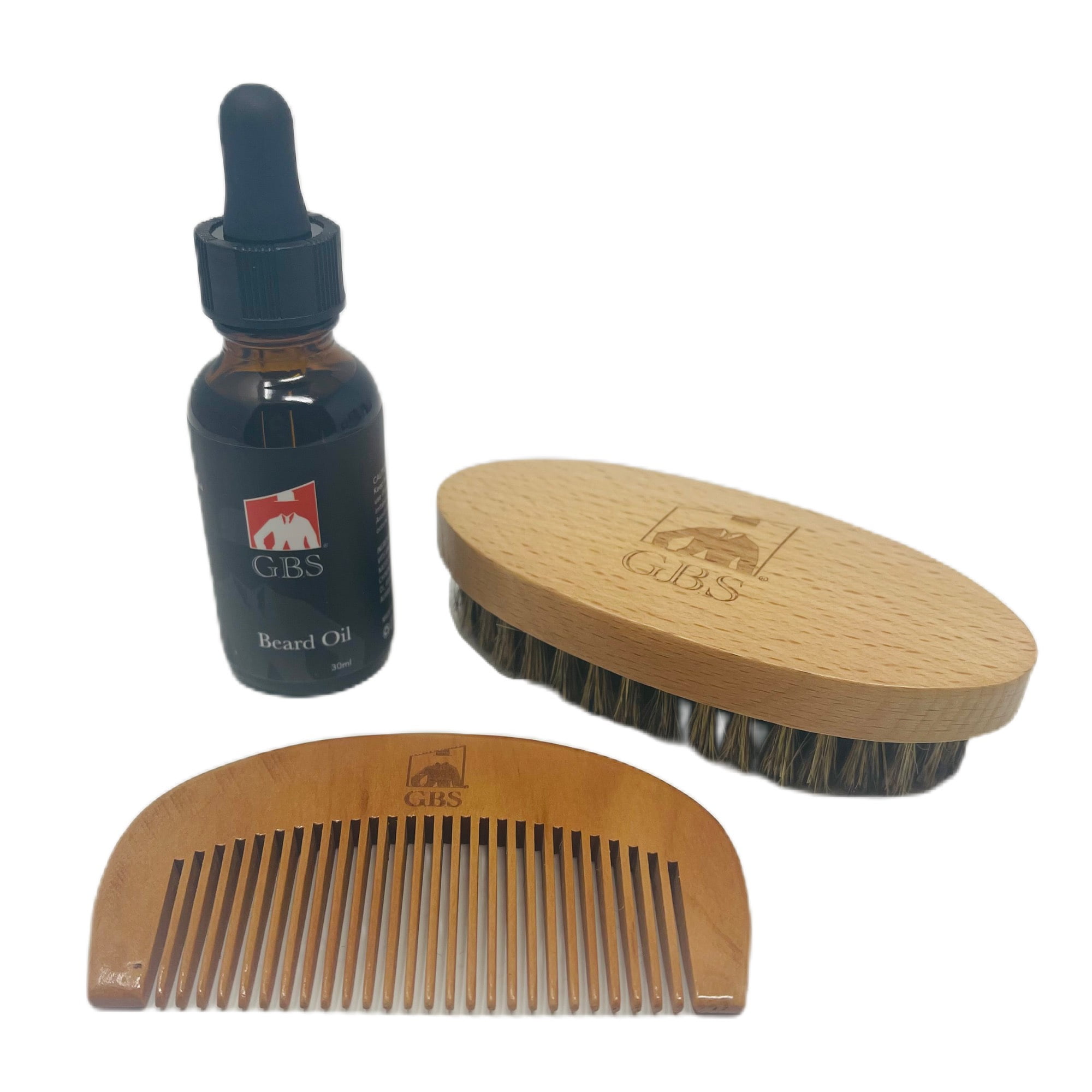 GBS Combo Set (3 Pc Kit) Premium Wood Beard Brush with Boar Bristles ...
