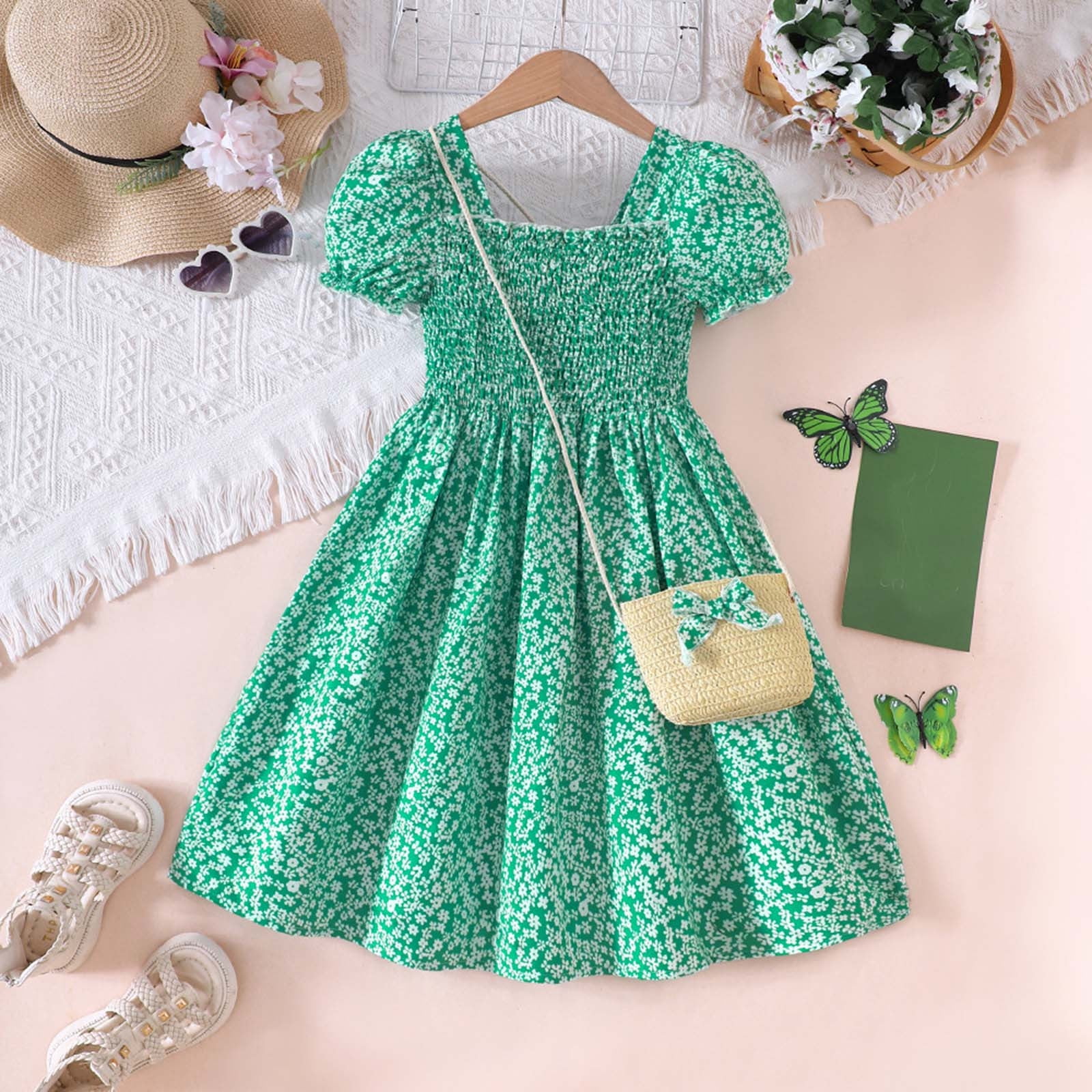 GBSYEWXS Dress For Girls 2025 Cute Floral Print Short Sleeve Crew Neck ...