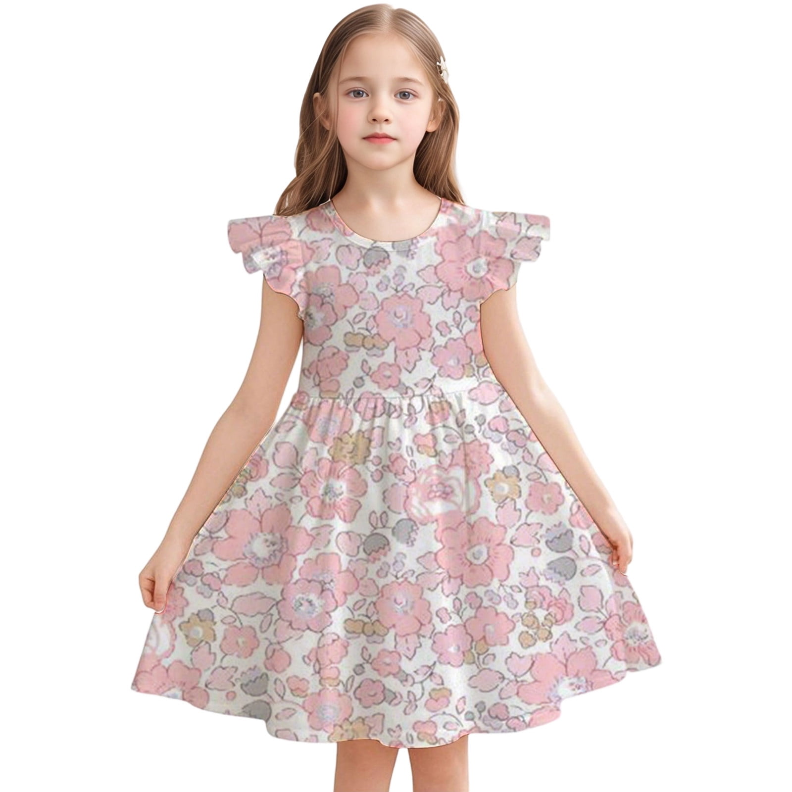GBSYEWXS Dress For Girls 2025 Loose Floral Print Flutter Sleeve Crew ...