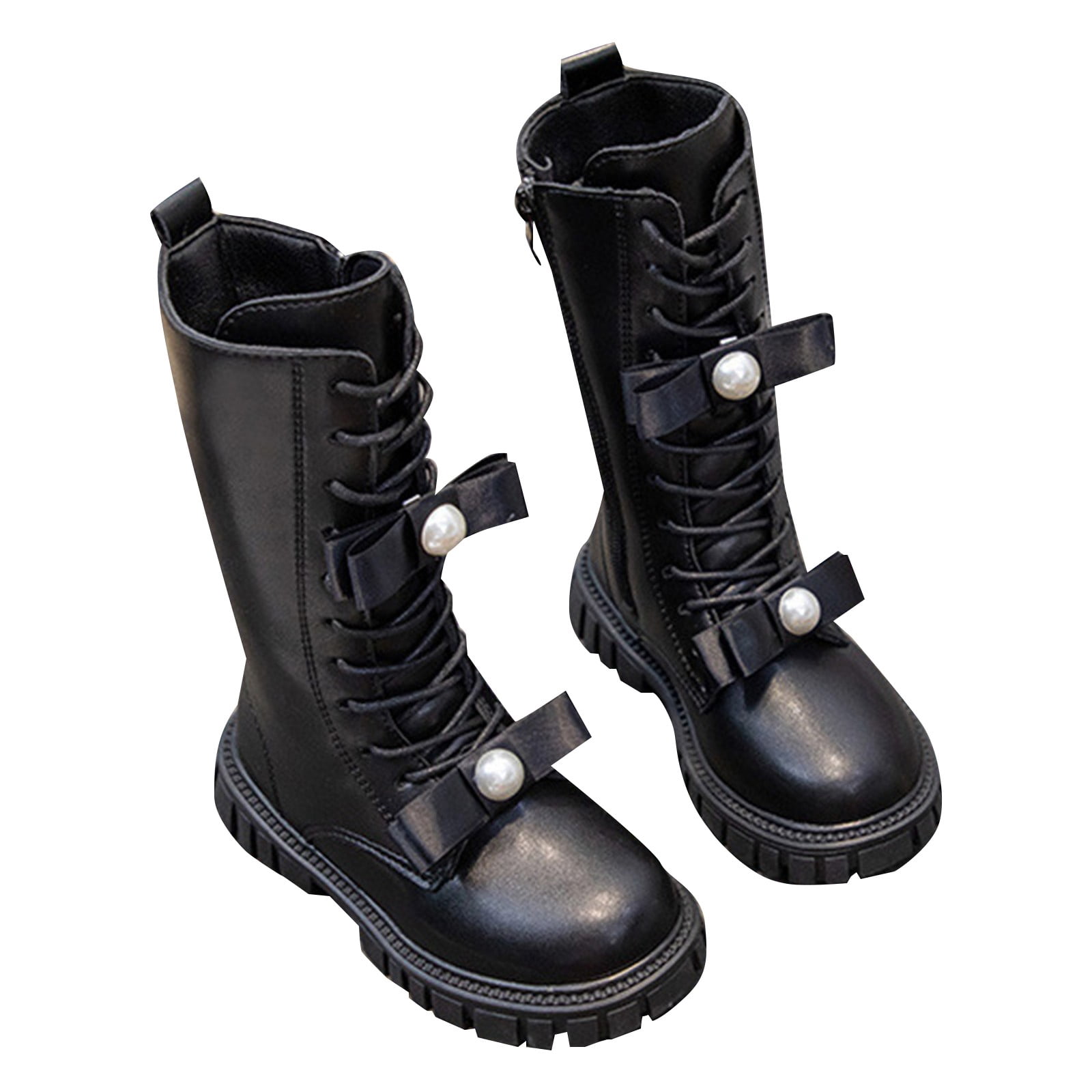 GBSYEWXS Flat Toe Zip-Up Girls Kids Combat Boots Knee-High Bow ...