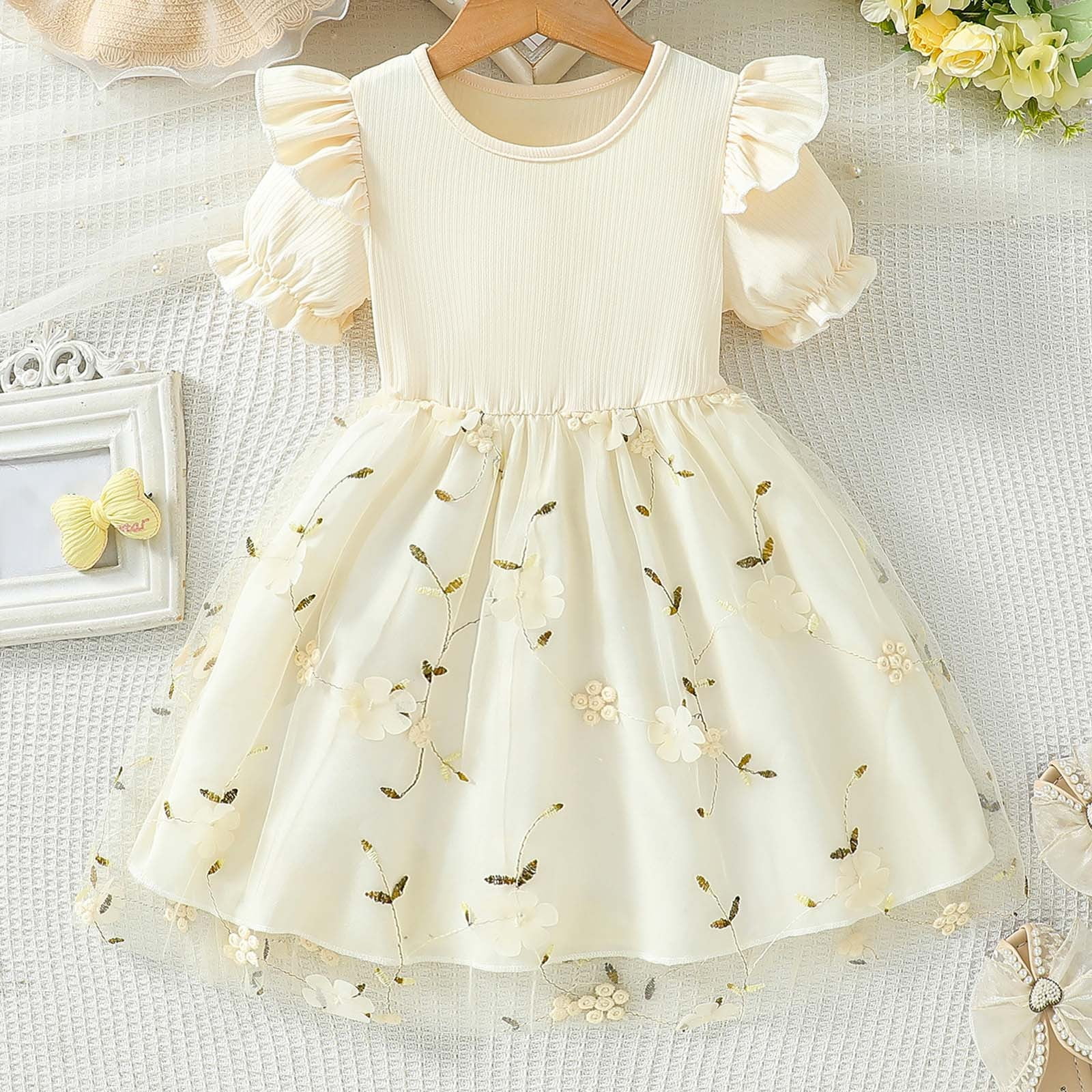 GBSYEWXS Girls Dress A-Line Flower Print Soft Beige Girl Dresses Size 1 ...