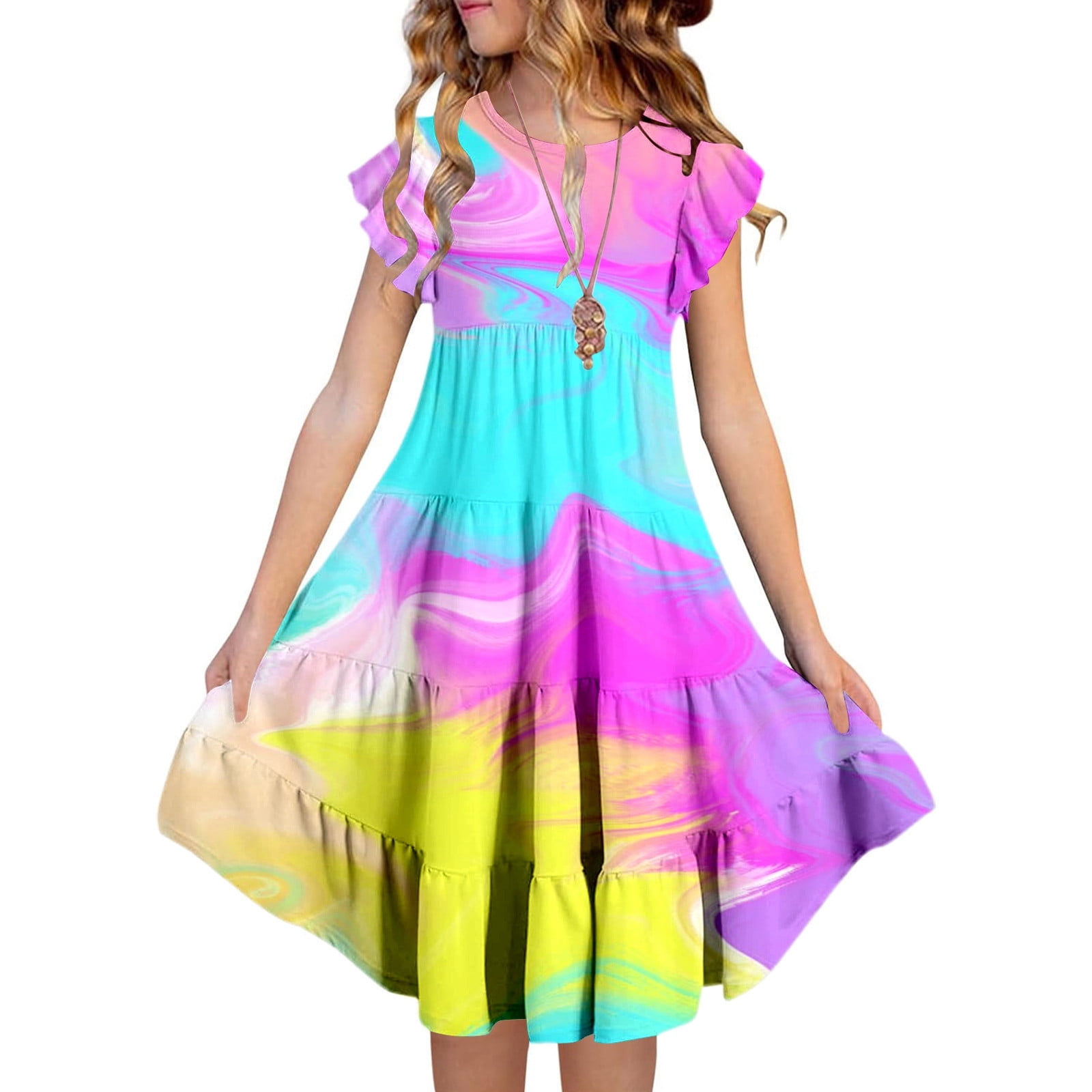 GBSYEWXS Girls Dress A-Line Flutter Sleeve Patchwork Print Soft Sky ...