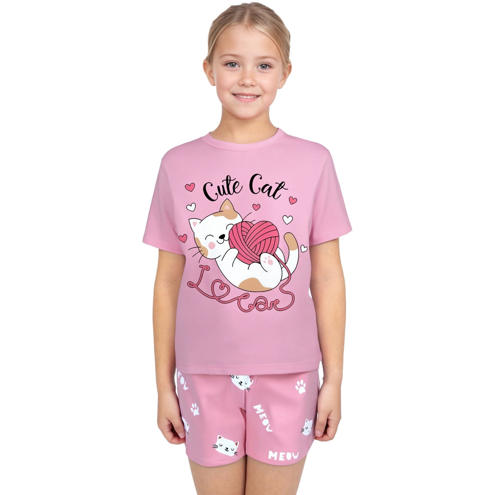 GBSYEWXS Outfits Sets For Children Girls Cute Cat Print Crew Neck T ...
