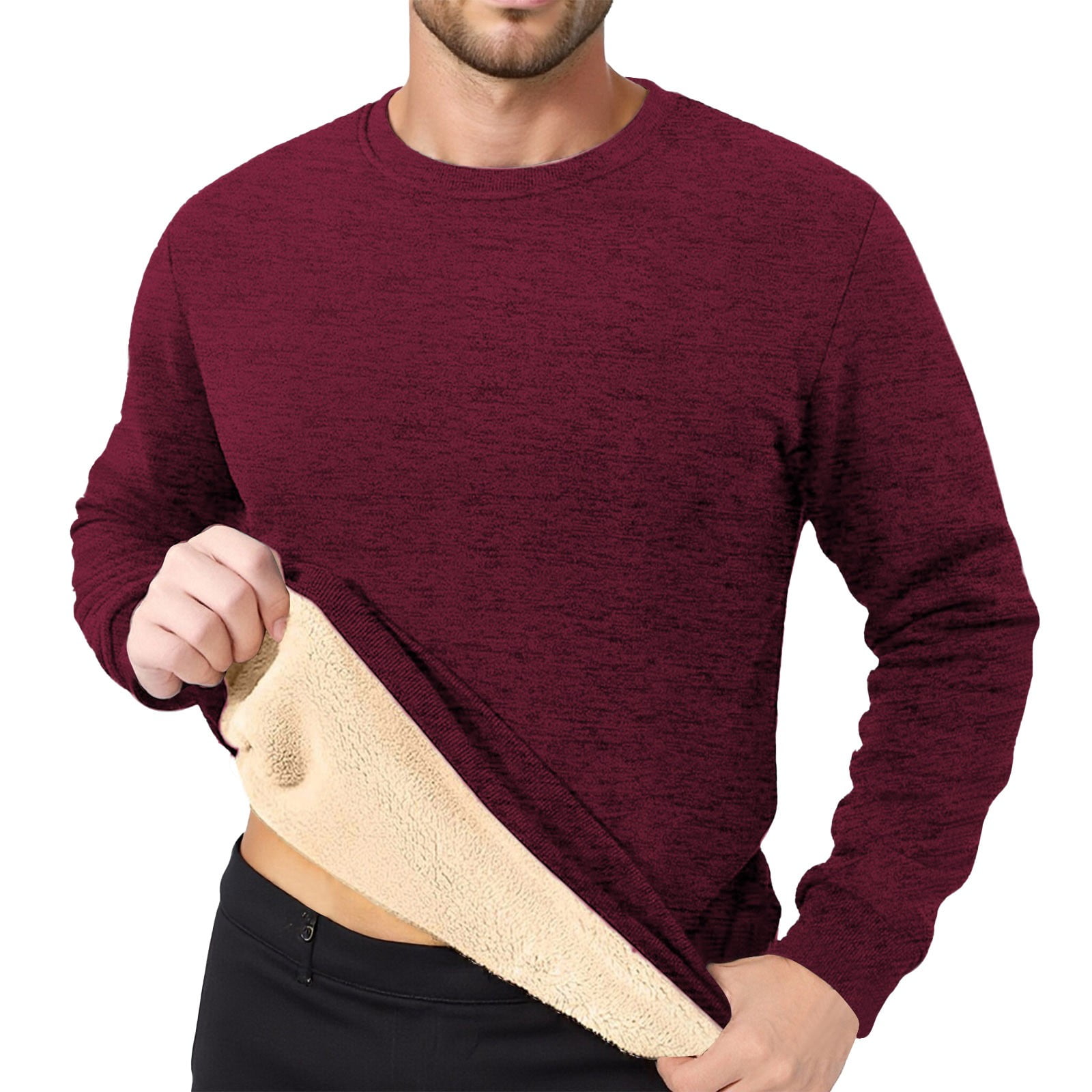 GBSYEWXS Pullover For Men Long Sleeve Crew Neck Tops Fleece-Lined Solid ...