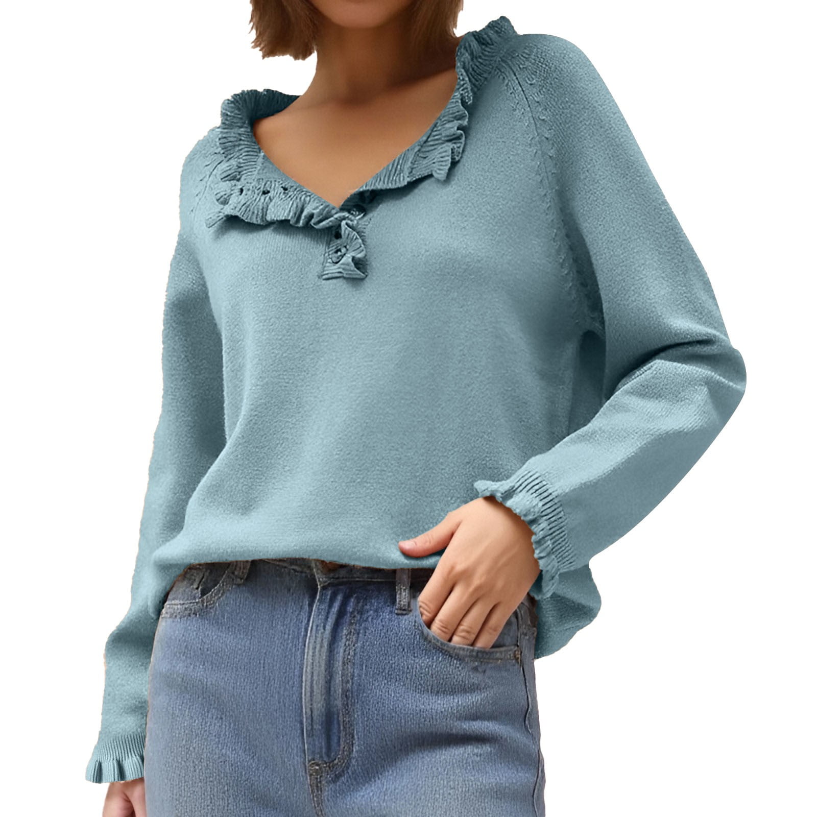 GBSYEWXS Sweaters For Women Blue Crew Neck Long Sleeve Solid Color ...