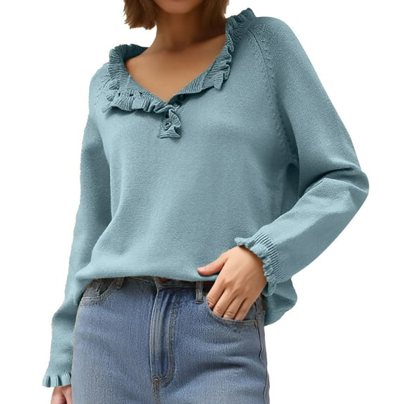 GBSYEWXS Sweaters For Women Blue Crew Neck Long Sleeve Solid Color ...