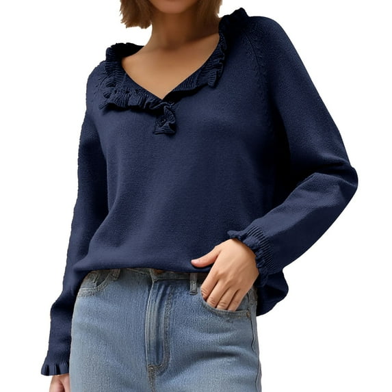 GBSYEWXS Sweaters For Women Dark Blue Crew Neck Long Sleeve Solid Color ...