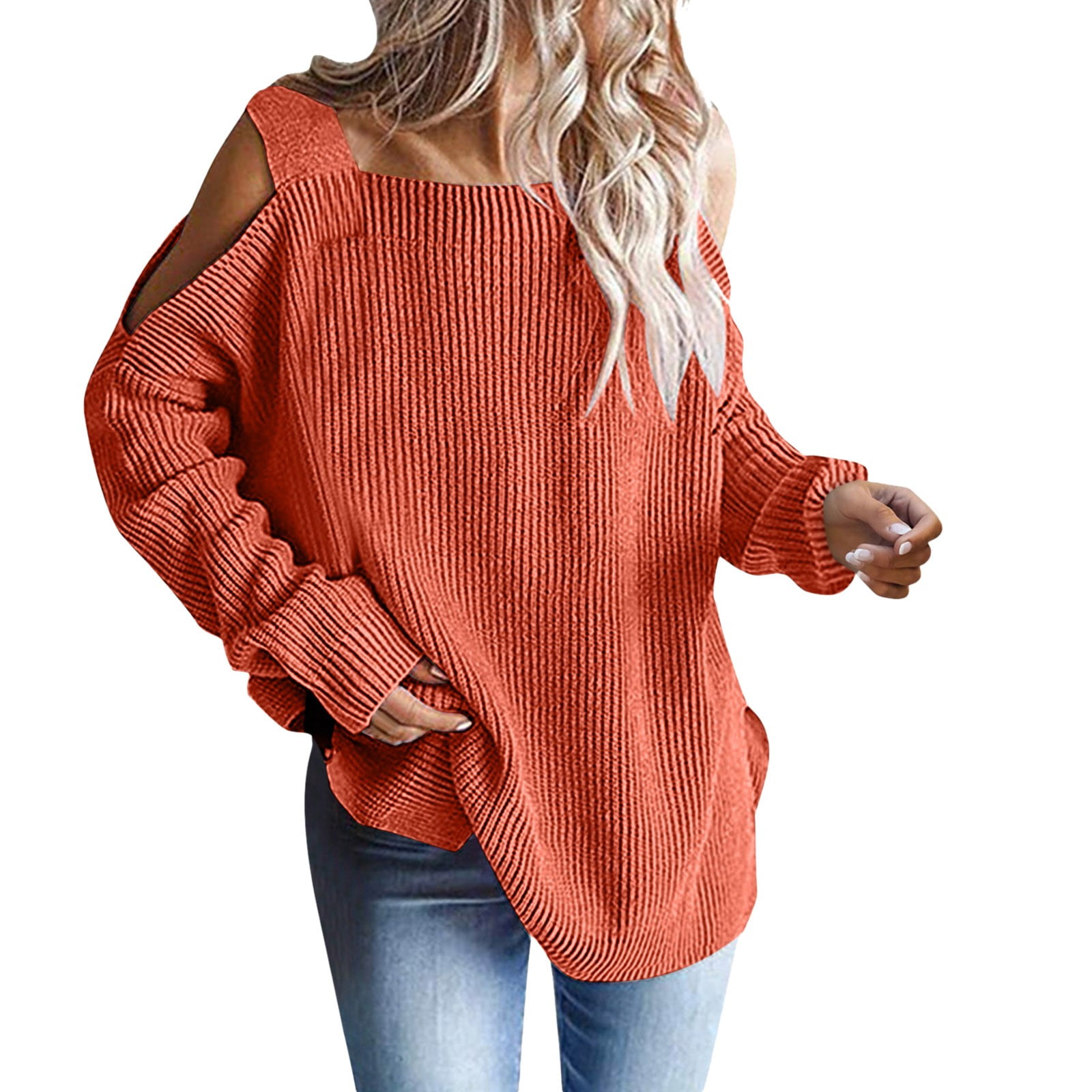GBSYEWXS Sweaters For Women Orange Boat Neck Long Sleeve Solid Color ...
