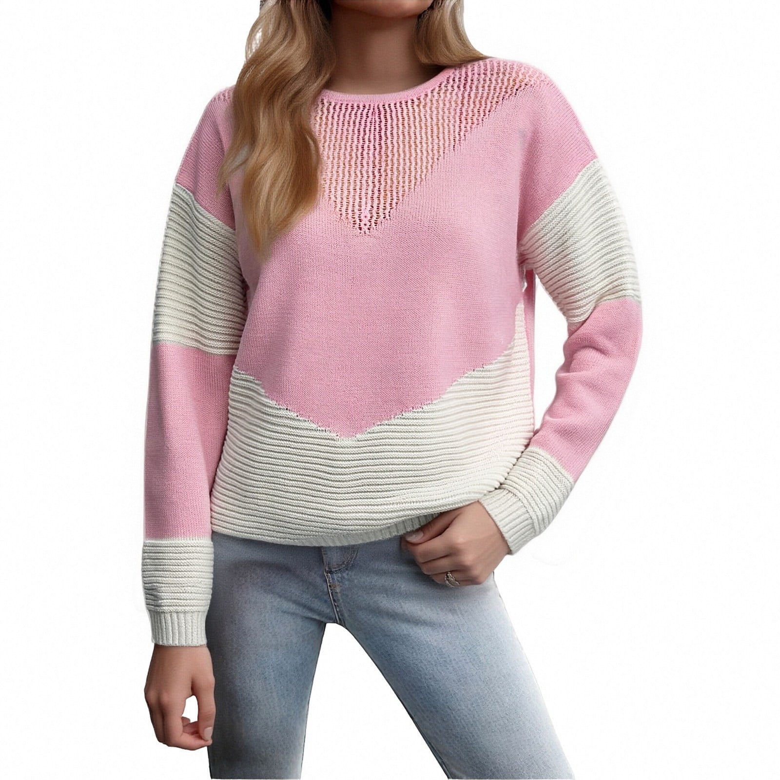 GBSYEWXS Sweaters For Women Pink Crew Neck Long Sleeve Color Block ...