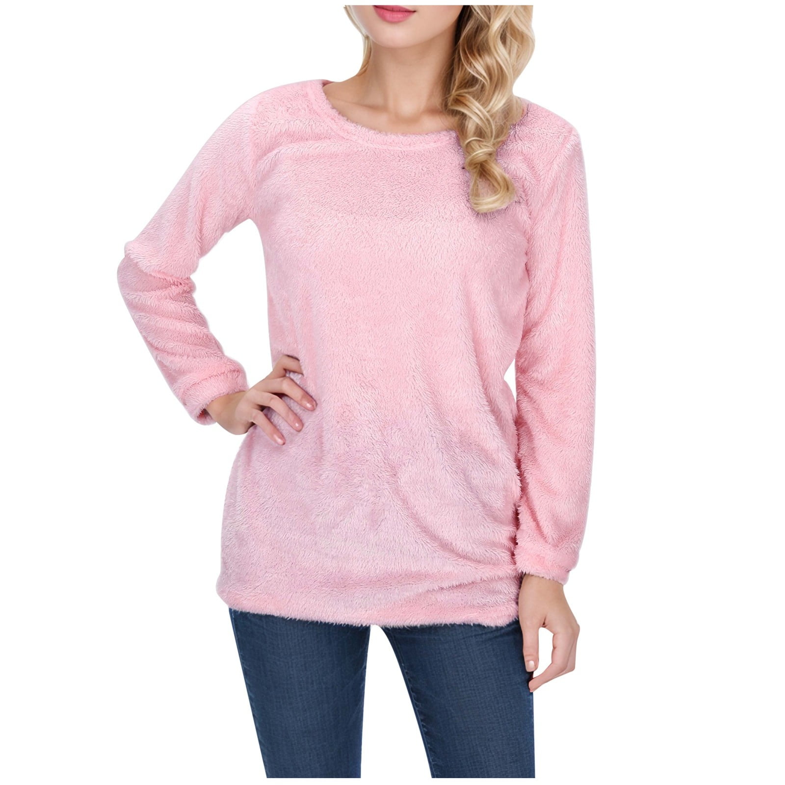 GBSYEWXS Sweaters For Women Pink Crew Neck Long Sleeve Solid Color ...