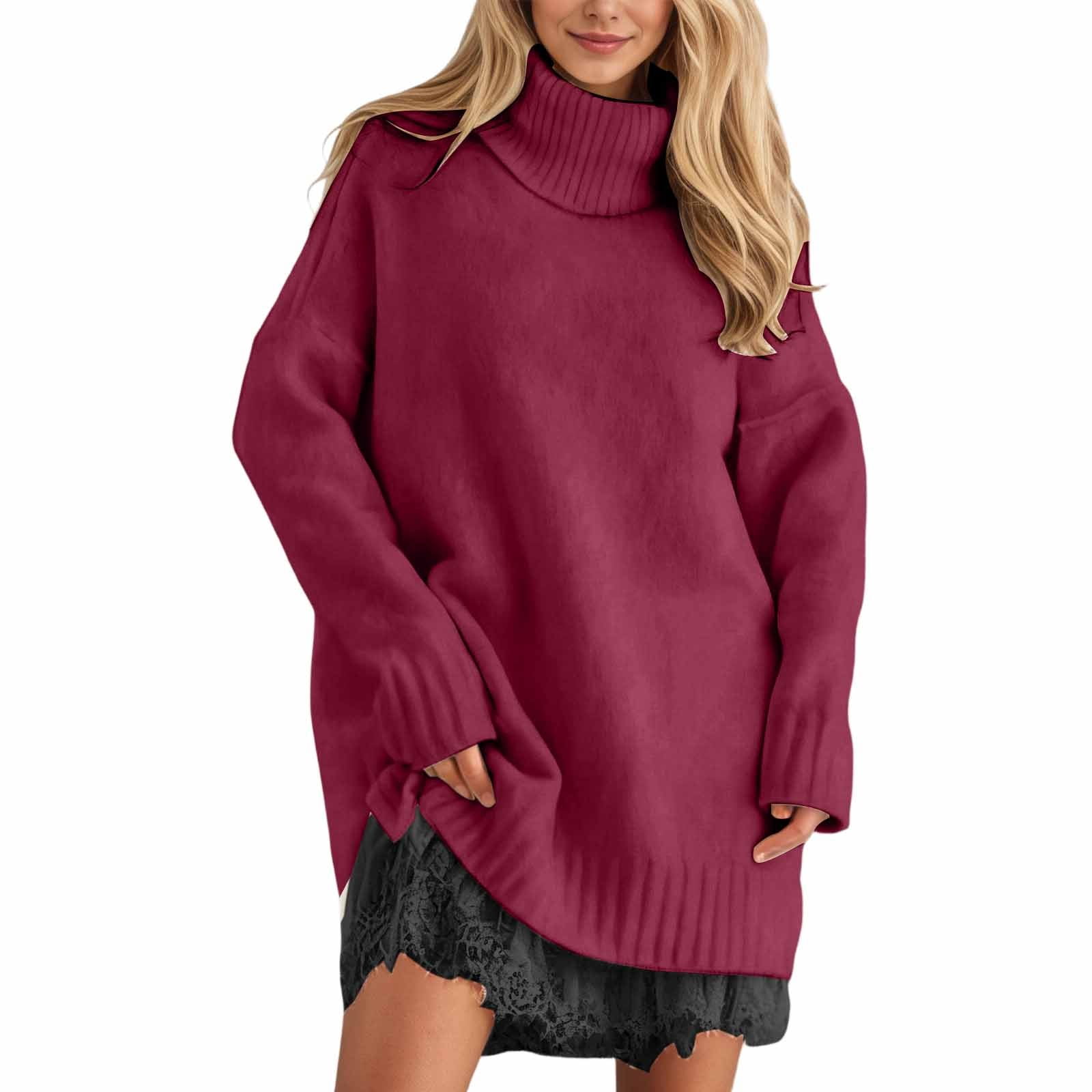 GBSYEWXS Sweaters For Women Red Crew Neck Long Sleeve Solid Color ...