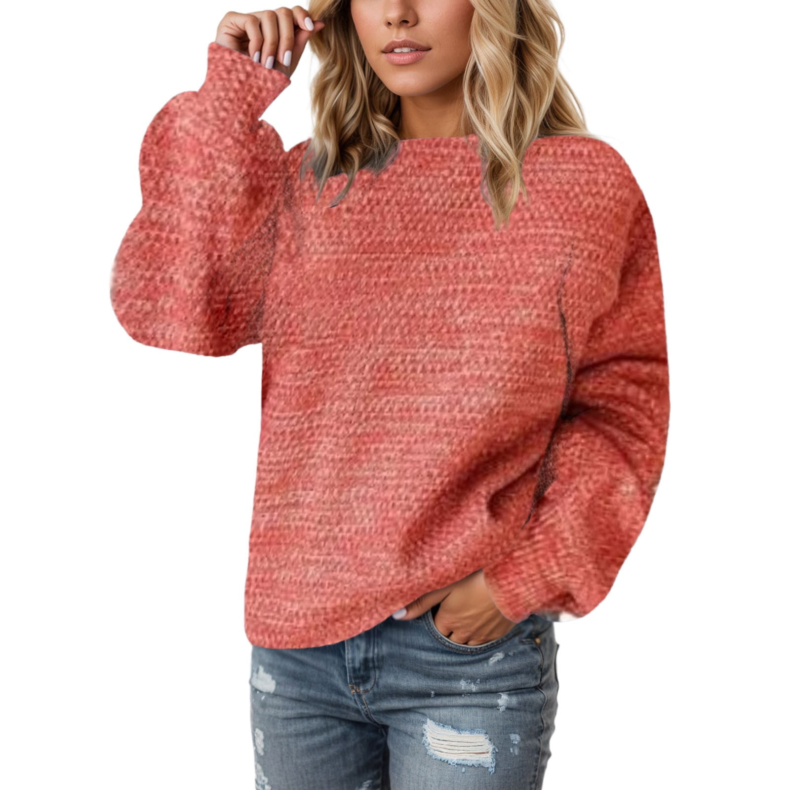 GBSYEWXS Sweaters For Women Red Crew Neck Long Sleeve Solid Color ...