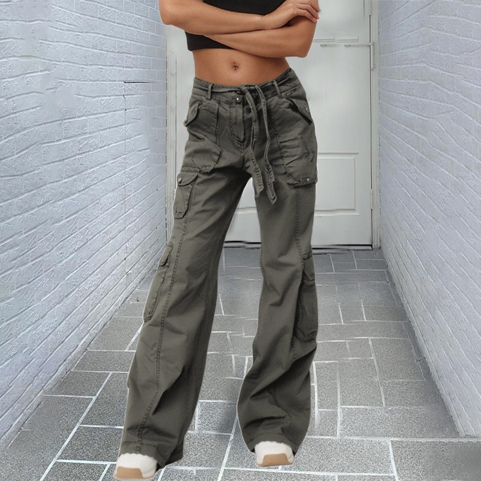 GBSYEWXS Women Jeans Colored Drawstring Waist Wide-Leg Fashion Cargo ...