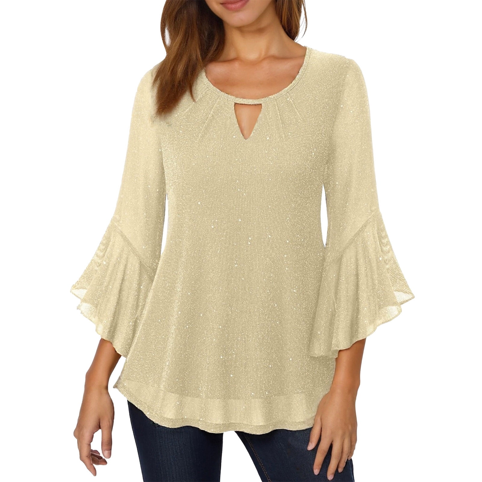 GBSYEWXS Women Shirts Notch Neck 3/4 Sleeve Solid Color T-Shirts ...