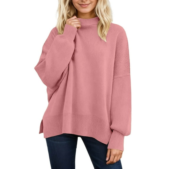 GBSYEWXS Women Sweater Crew Neck Solid Color Long Sleeve Slit Cute Pink ...