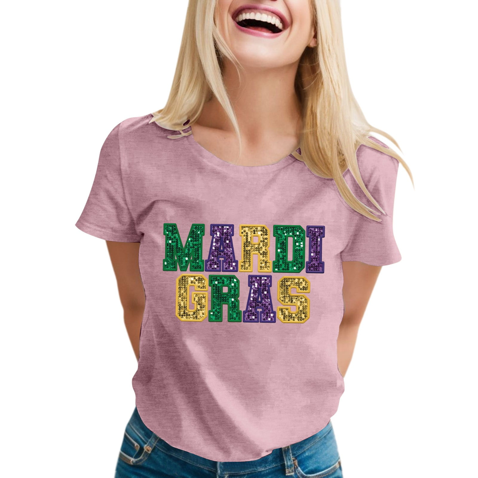 GBSYEWXS Women T-Shirts Daily Wear Short Sleeve Sequins Tops Letter ...