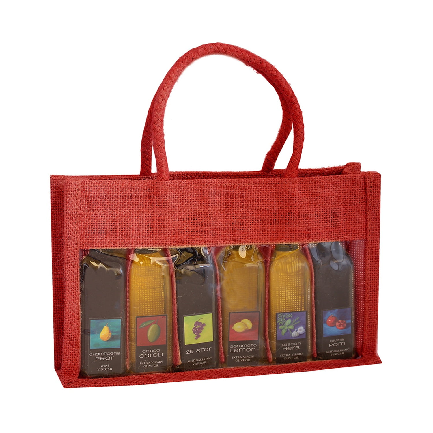 GC Home & Garden 10" Red and Clear Olive Oil Sample Bottle Jute Bag ...