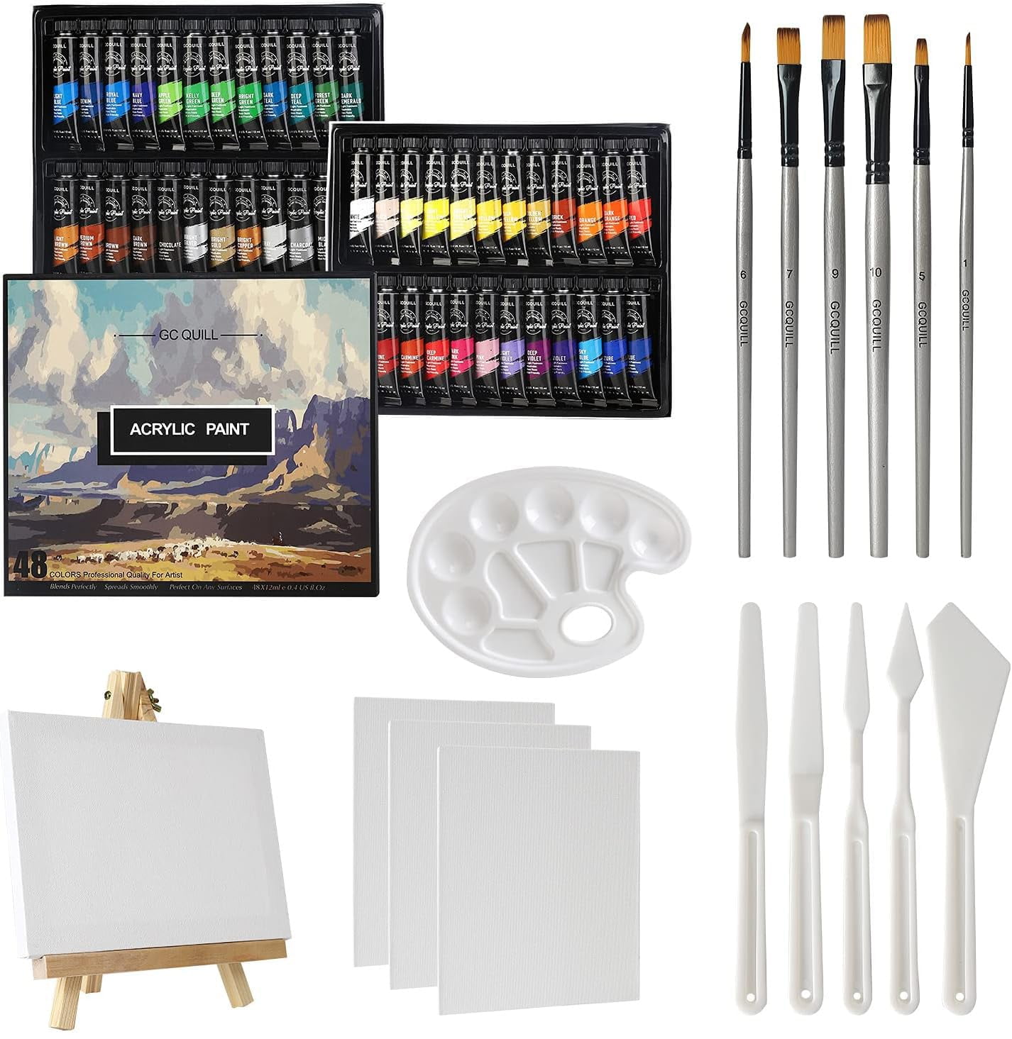 GC QUILL 48 Acrylic Paint Set - 66pcs Painting Supplies with 48 * 12ml ...
