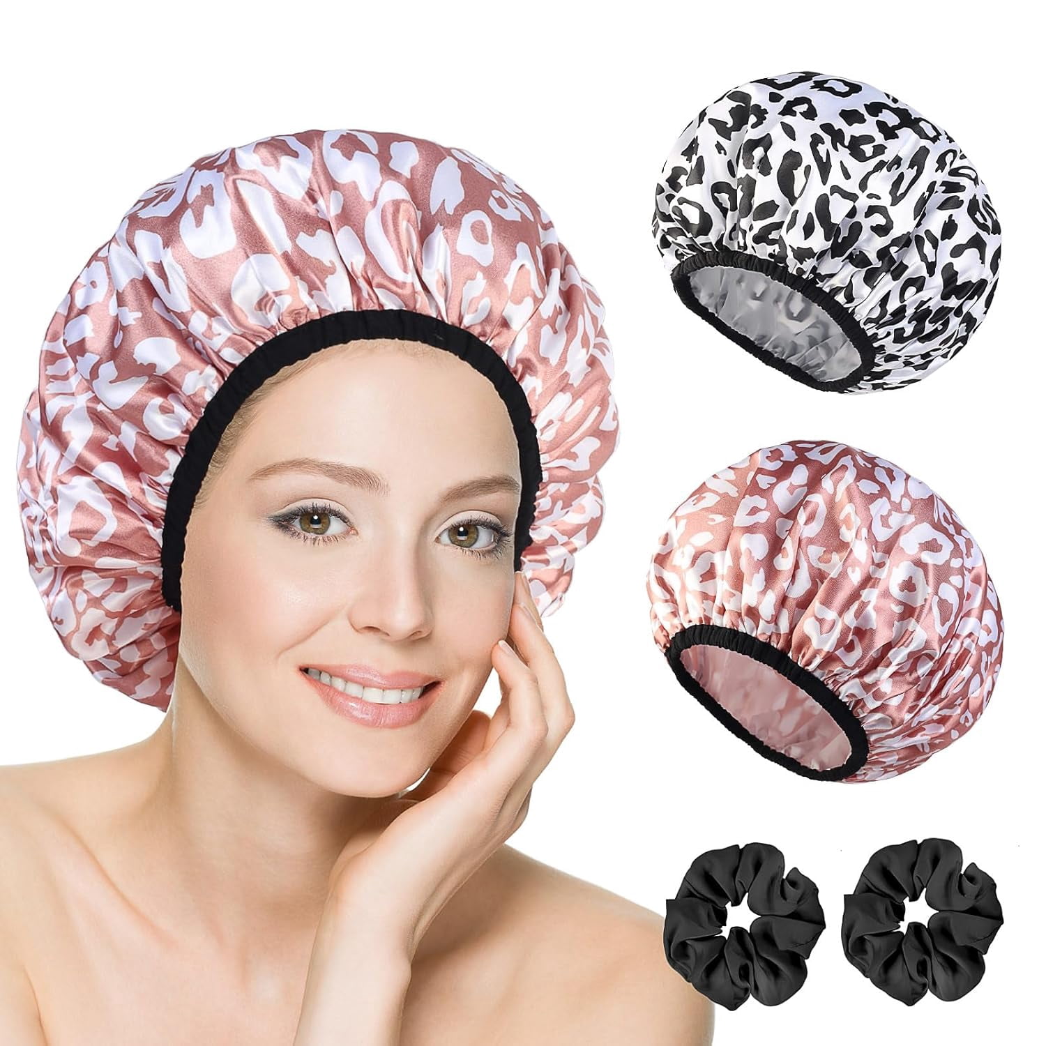 GCASLK-2-Pack Reusable Waterproof Shower Caps for Women, Double-Layer ...