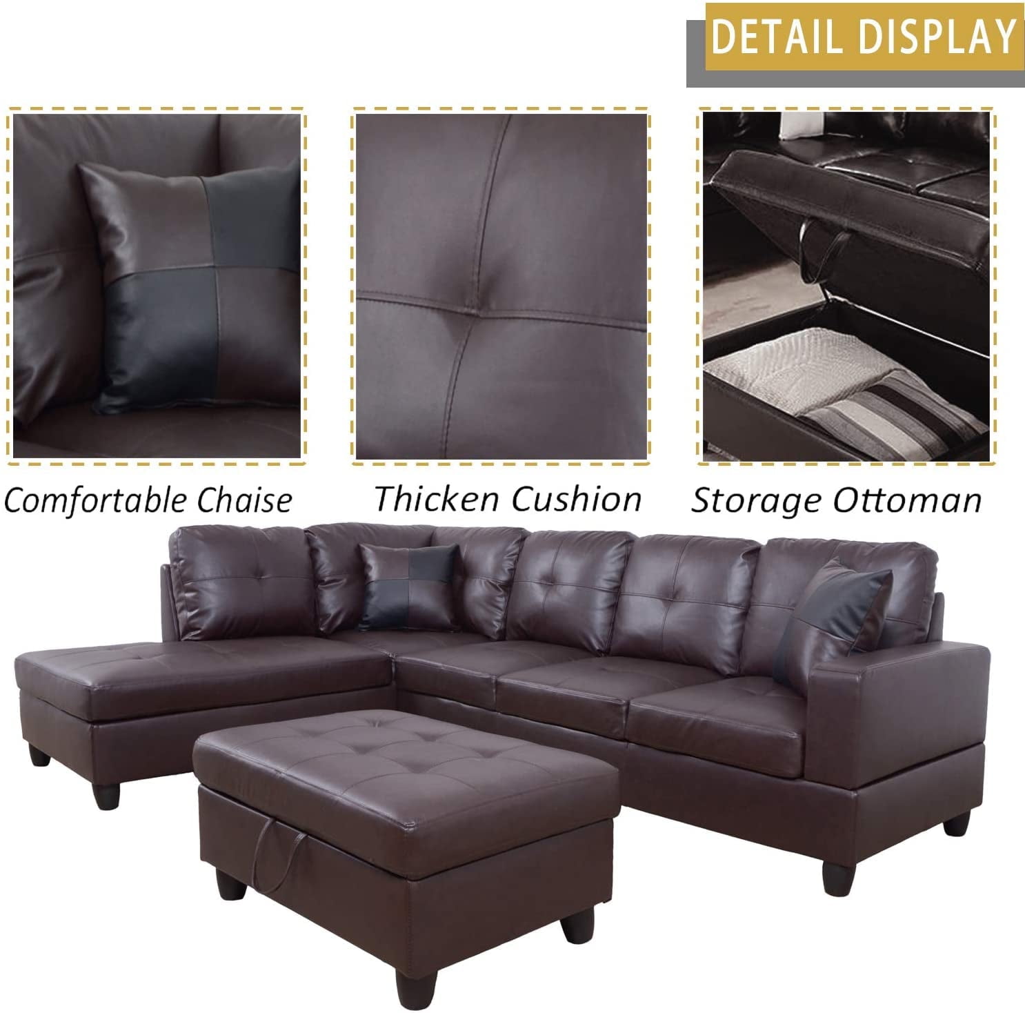 GCF Faux Leather 3 Piece Sectional Sofa Couch Set, L-Shaped Modern Sofa ...