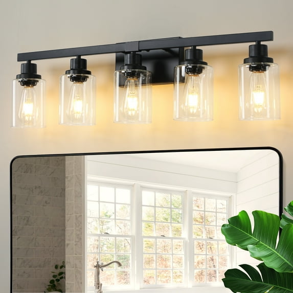GCGAFUL 5-Light Matte Black Dimmable Bathroom Vanity Light Fixture with ...