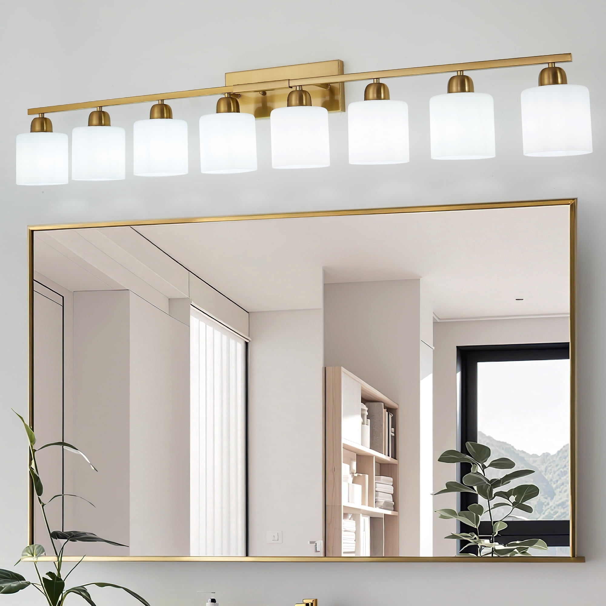 GCGAFUL 8-Light Gold Dimmable Bathroom Vanity Light Fixture with Milky ...