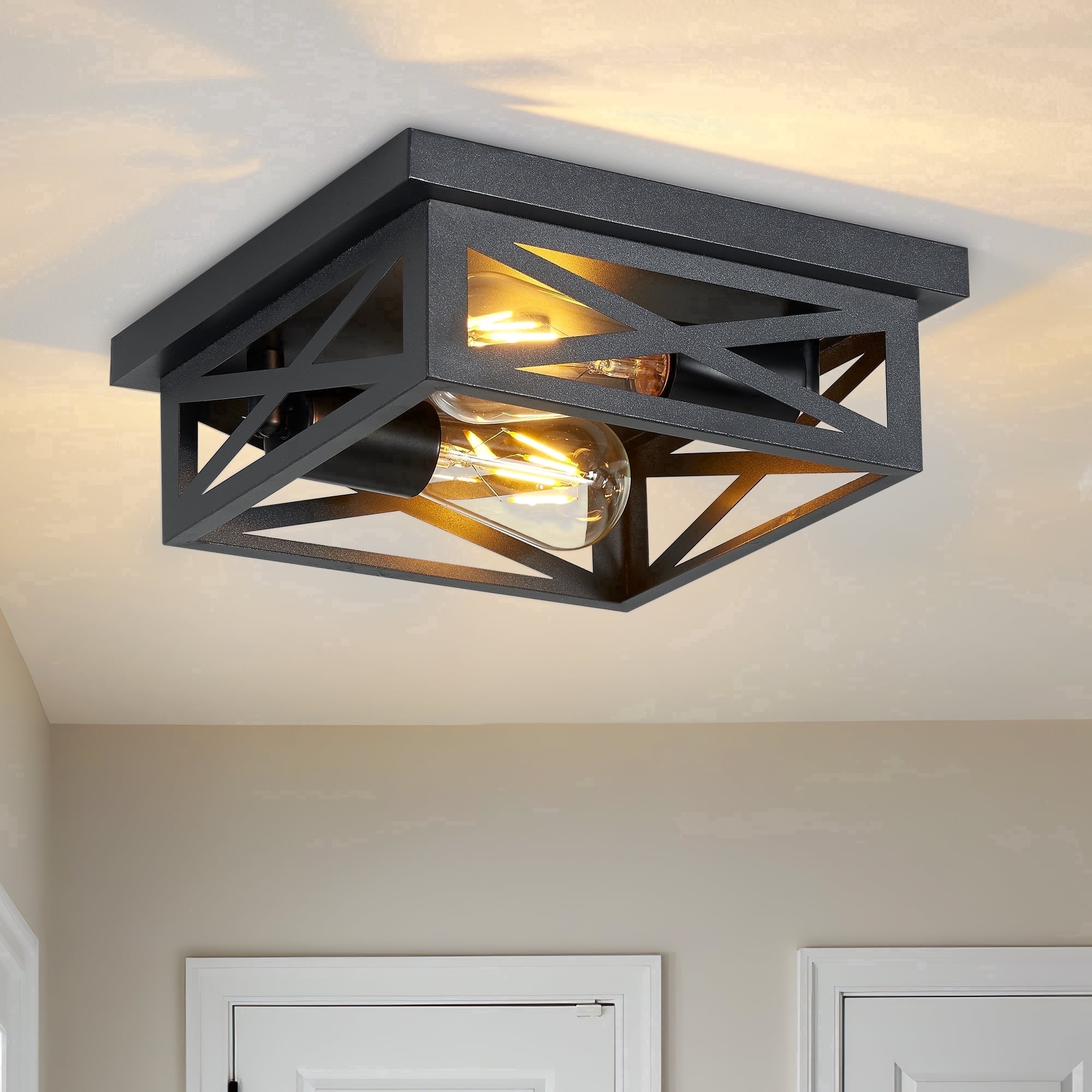 GCGAFUL Farmhouse Flush Mount Ceiling Light, 2-Light Matte Black Rustic ...