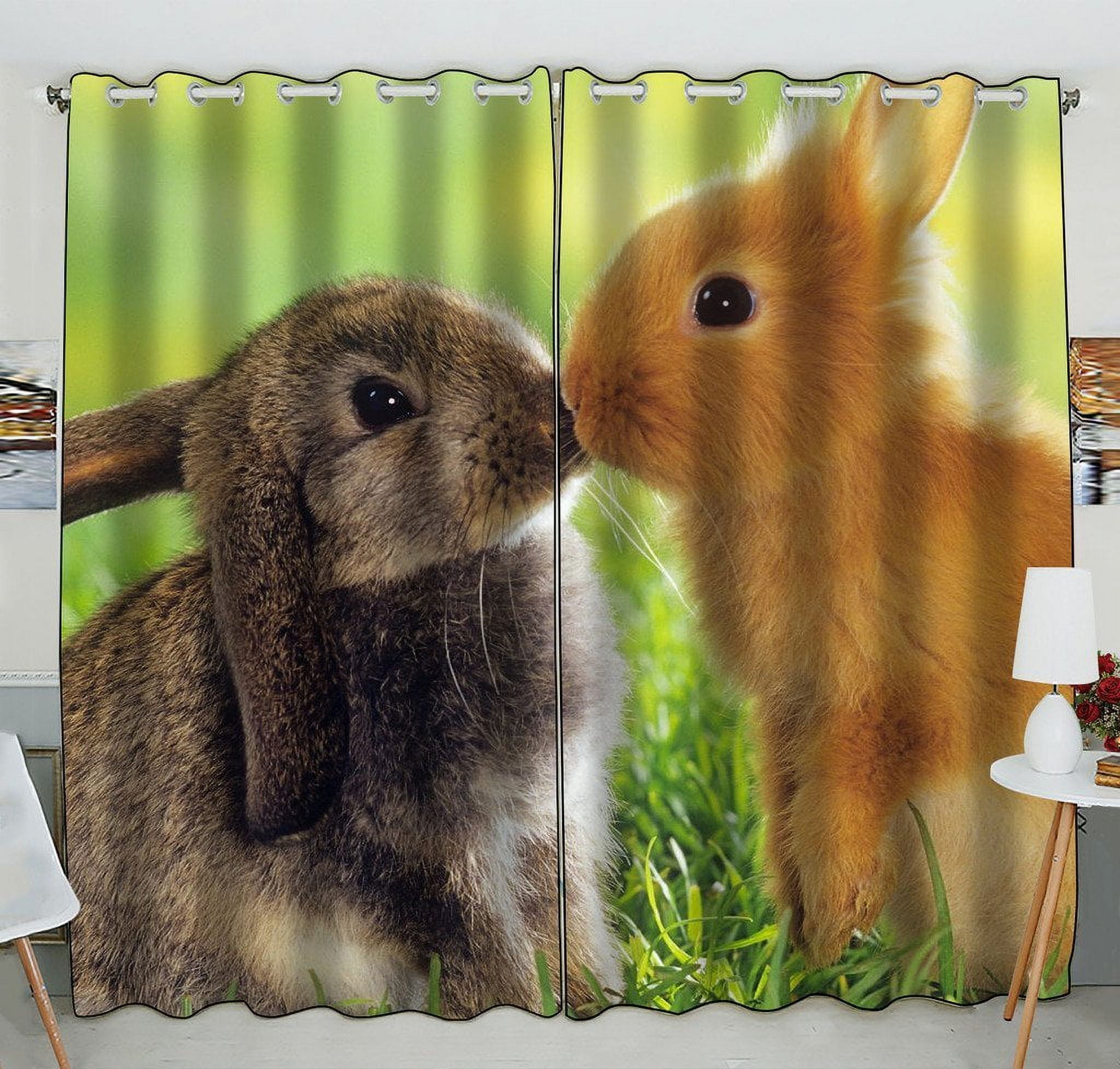 GCKG A pair of cute fluffy bunny Rabbits Window Curtain Kitchen Curtain ...