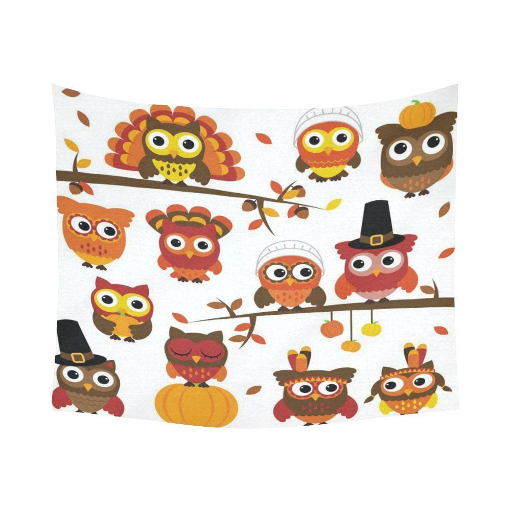 GCKG Autumn Tree Cute Owls Branch Happy Thanksgiving Day Tapestry ...
