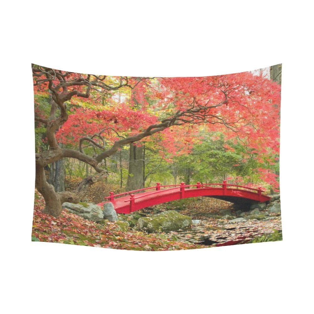 GCKG Beautiful Japanese Garden Red Leaves Bridge Autumn Tapestry Wall ...