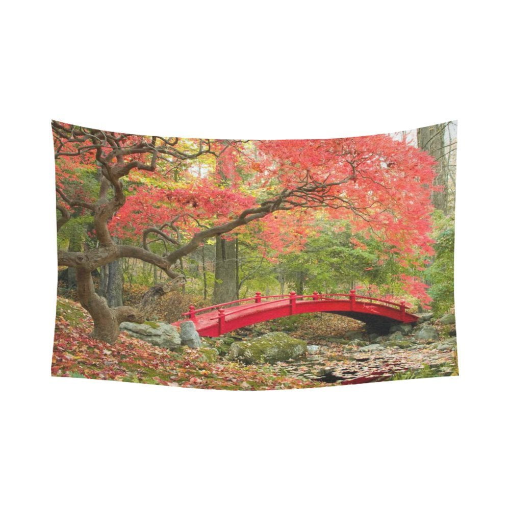 GCKG Beautiful Japanese Garden Red Leaves Bridge Autumn Tapestry Wall ...