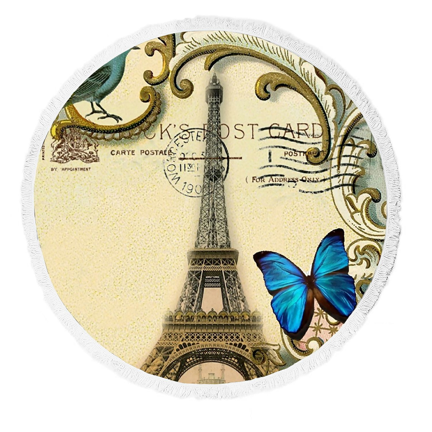 GCKG Blue Butterfly Paris Eiffel Tower Round Beach Towel Beach Mats ...