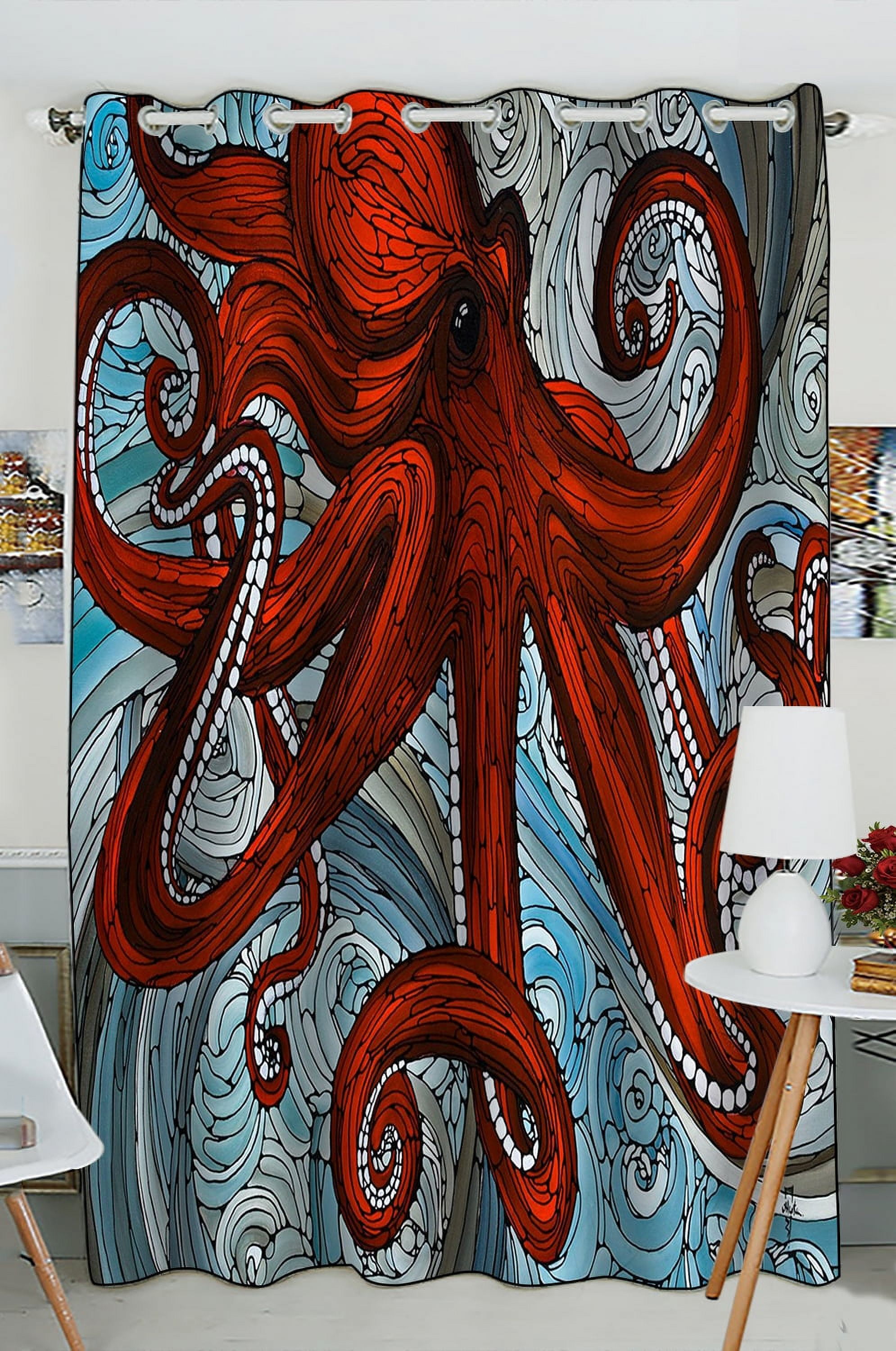 GCKG Blue Octopus Window Curtain,Red Octopus Grommet Blackout Curtain ...
