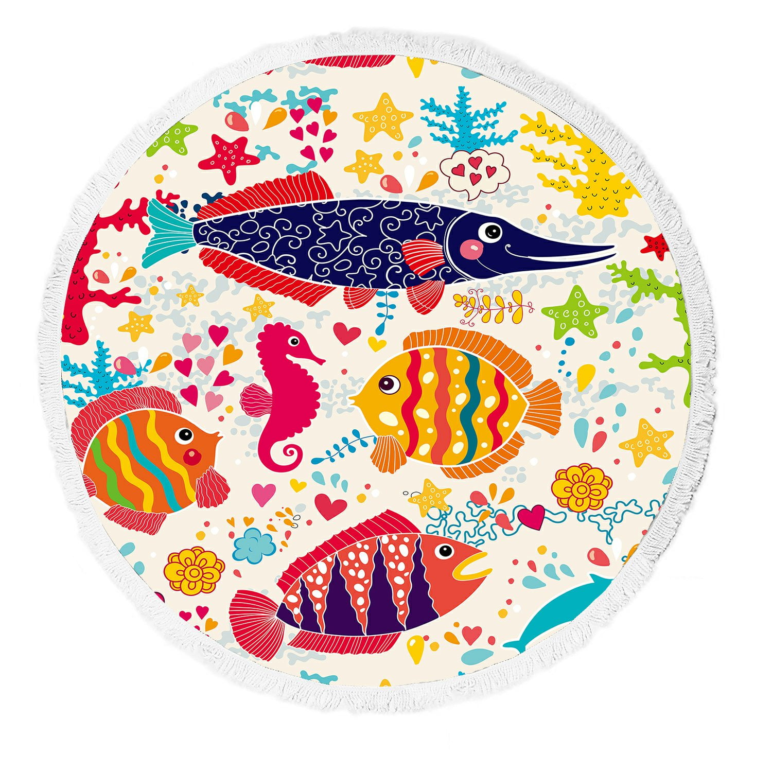 GCKG Cartoon Underwater Sealife Shell Fish Round Beach Towel Beach Mats ...