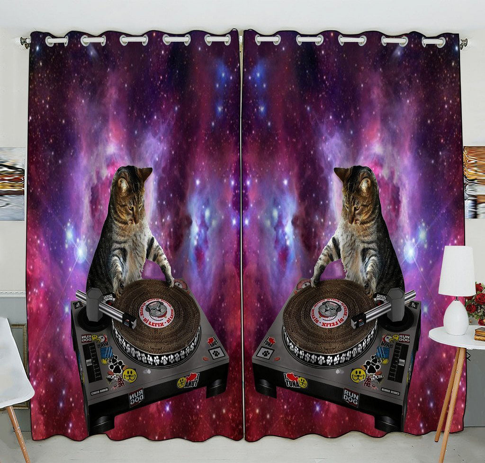 GCKG Cool Galaxy DJ Cat Funny Animal Pet Window Curtain Kitchen Curtain ...