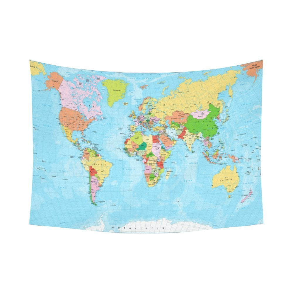 GCKG Detailed Political Global World Map Tapestry Horizontal Wall ...