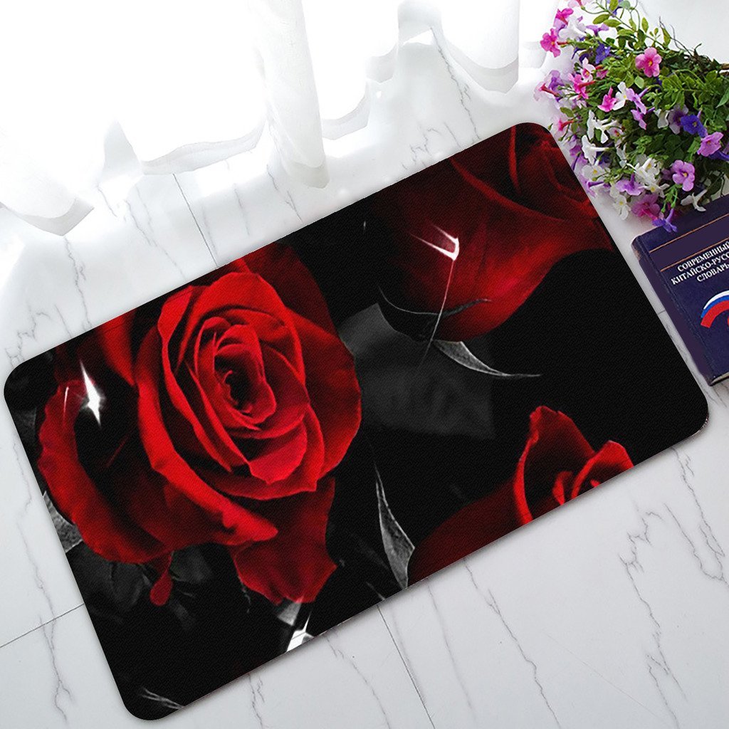 GCKG Fire Red Rose And Black Leaves Non-Slip Doormat Indoor/Outdoor ...