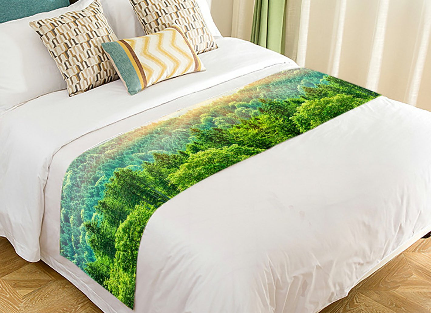 GCKG Green Forest Landscape Bed Runner, Beautiful Bird Eye View on ...