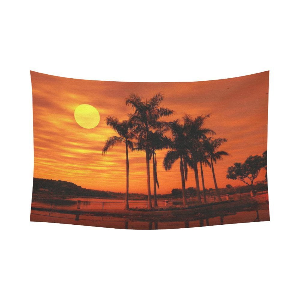 GCKG Paradise Sunset Beach Palm Tree Tapestry Wall Hanging Orange Ocean ...