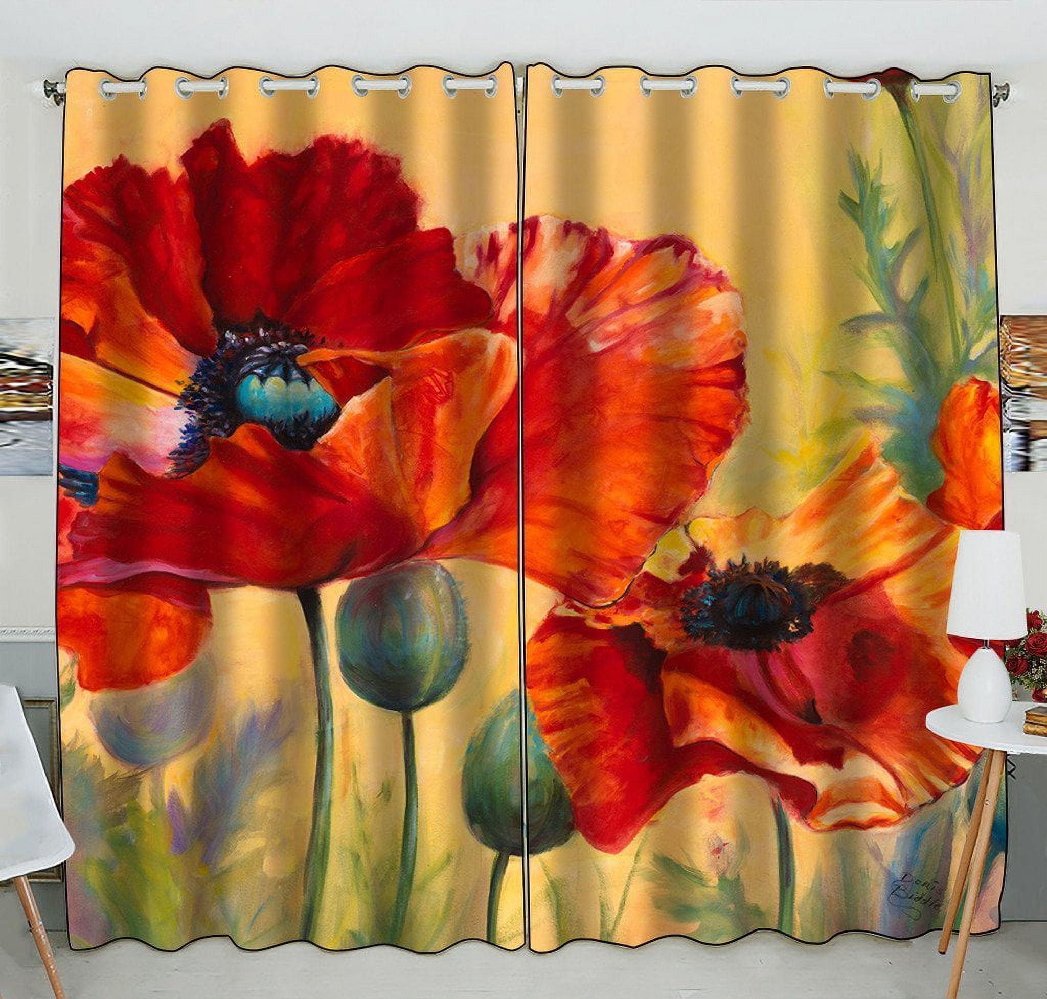 GCKG Red Poppy Passion Window Curtain Kitchen Curtain Size 52(W) x 84 ...