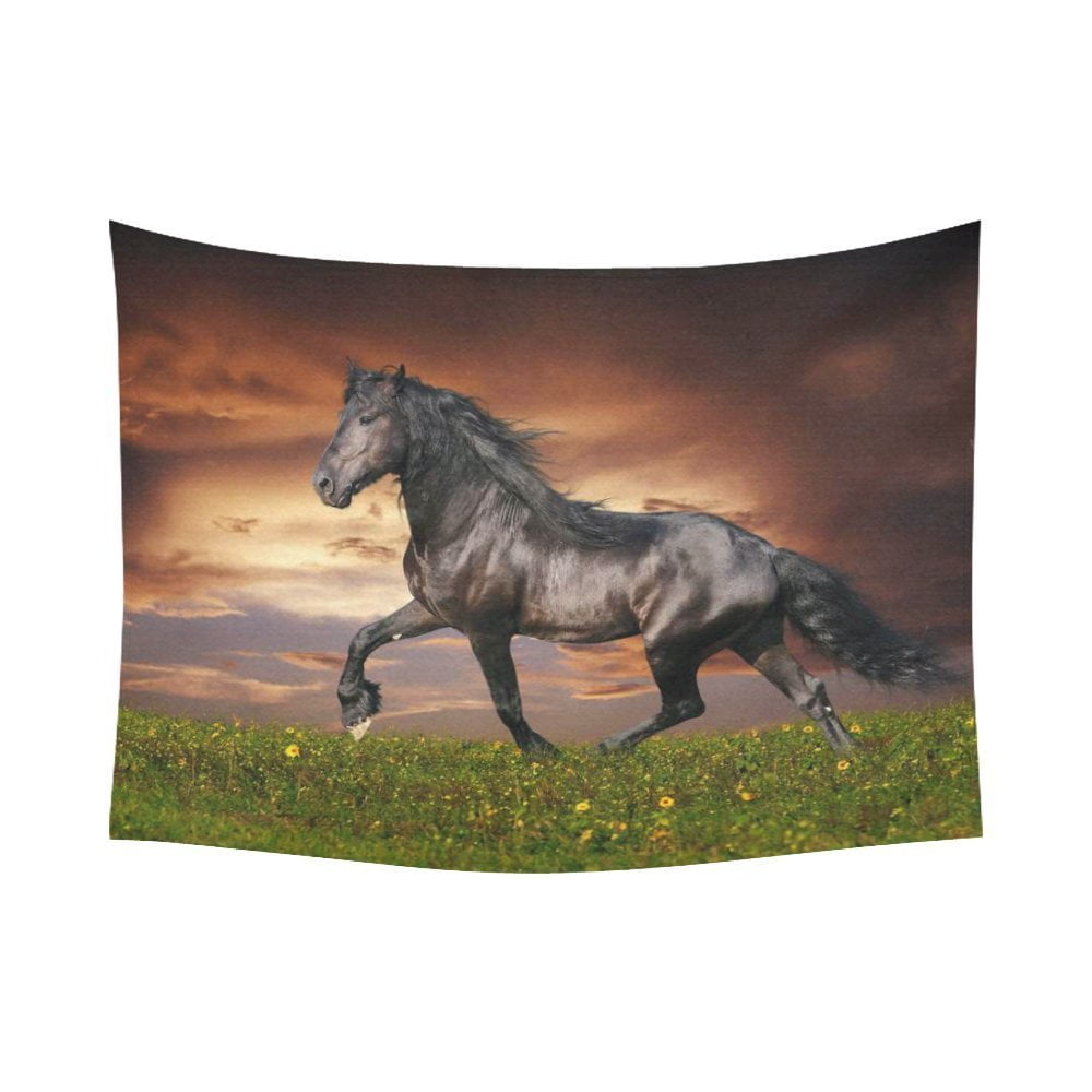GCKG Running Field Black Friesian Horse Tapestry Wall Hanging Nature ...