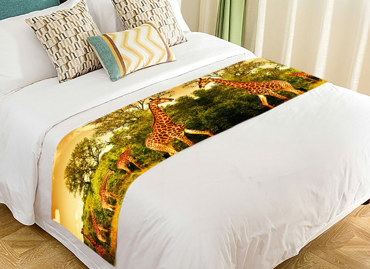 GCKG Wildlife African Safari Bed Runner, Giraffe and Animals Art Wild ...