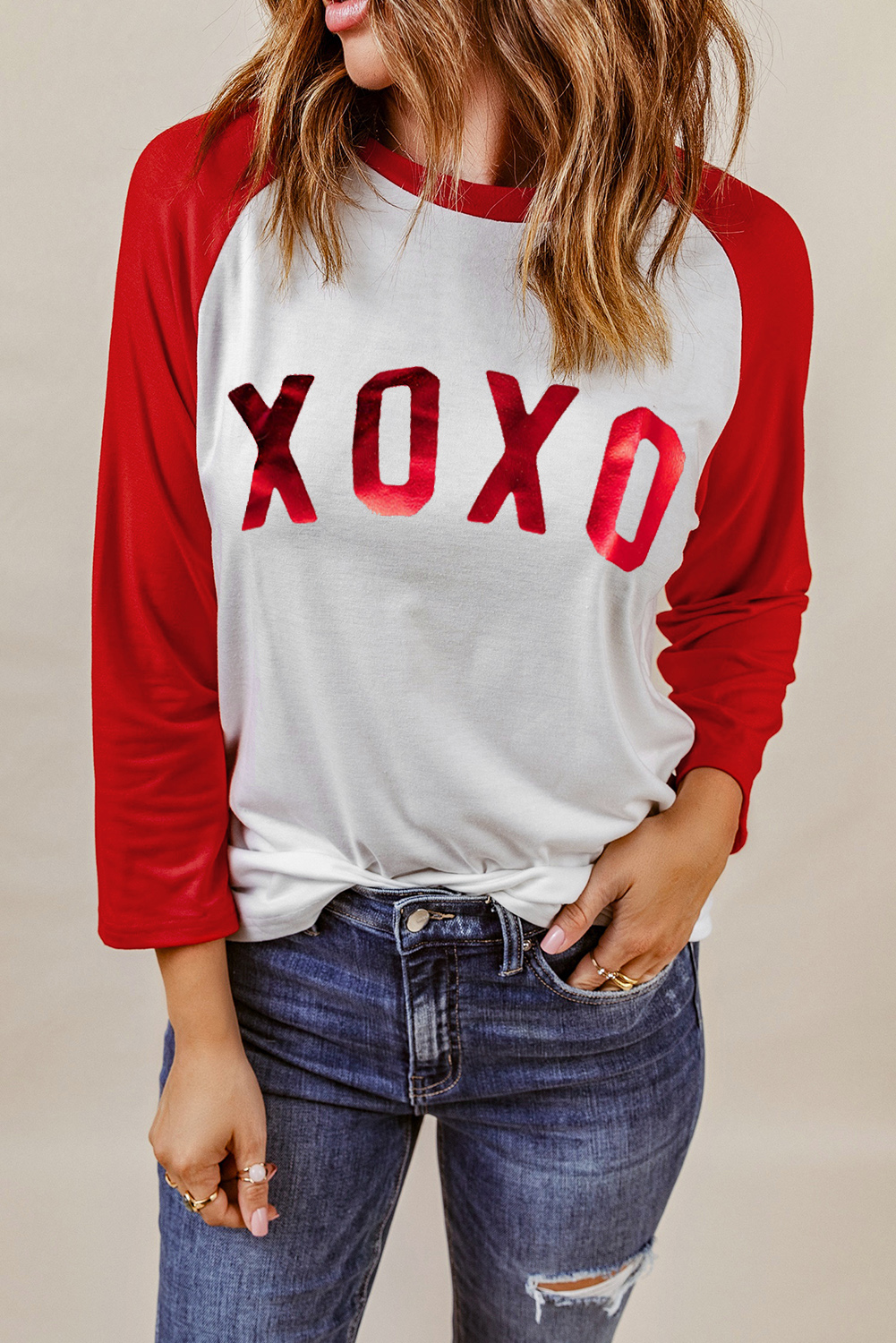 GCKG Women's Red XOXO Sheen Letter Print Raglan Sleeve Tee (US 4-6)S ...