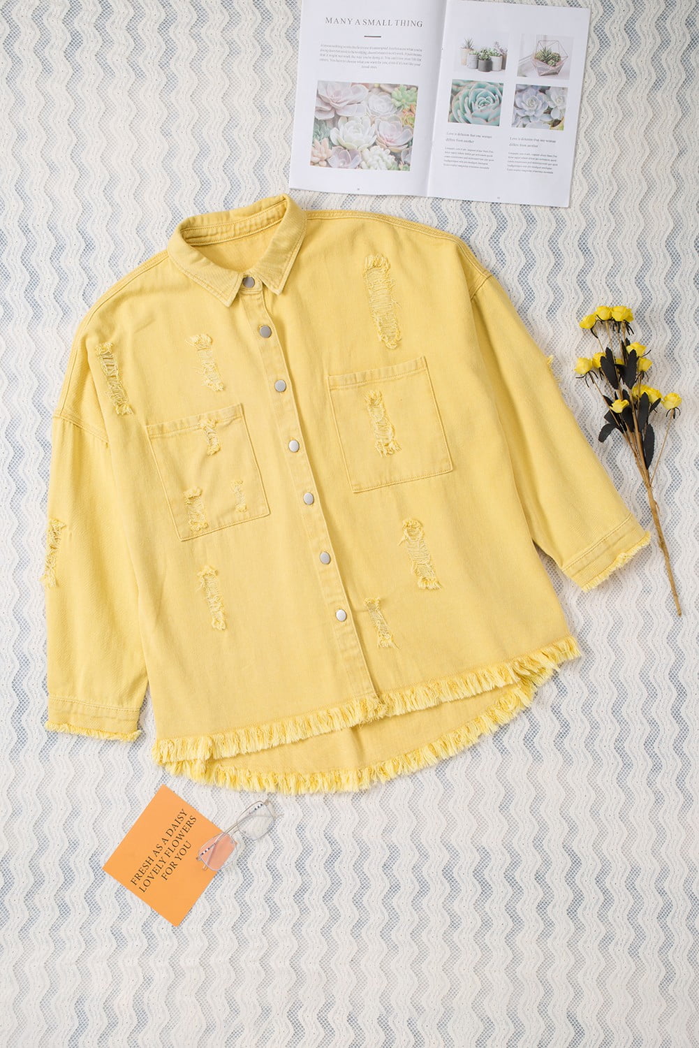 GCKG Women's Yellow Distressed Fringe Trim Denim Jacket (US 18-20)2XL ...
