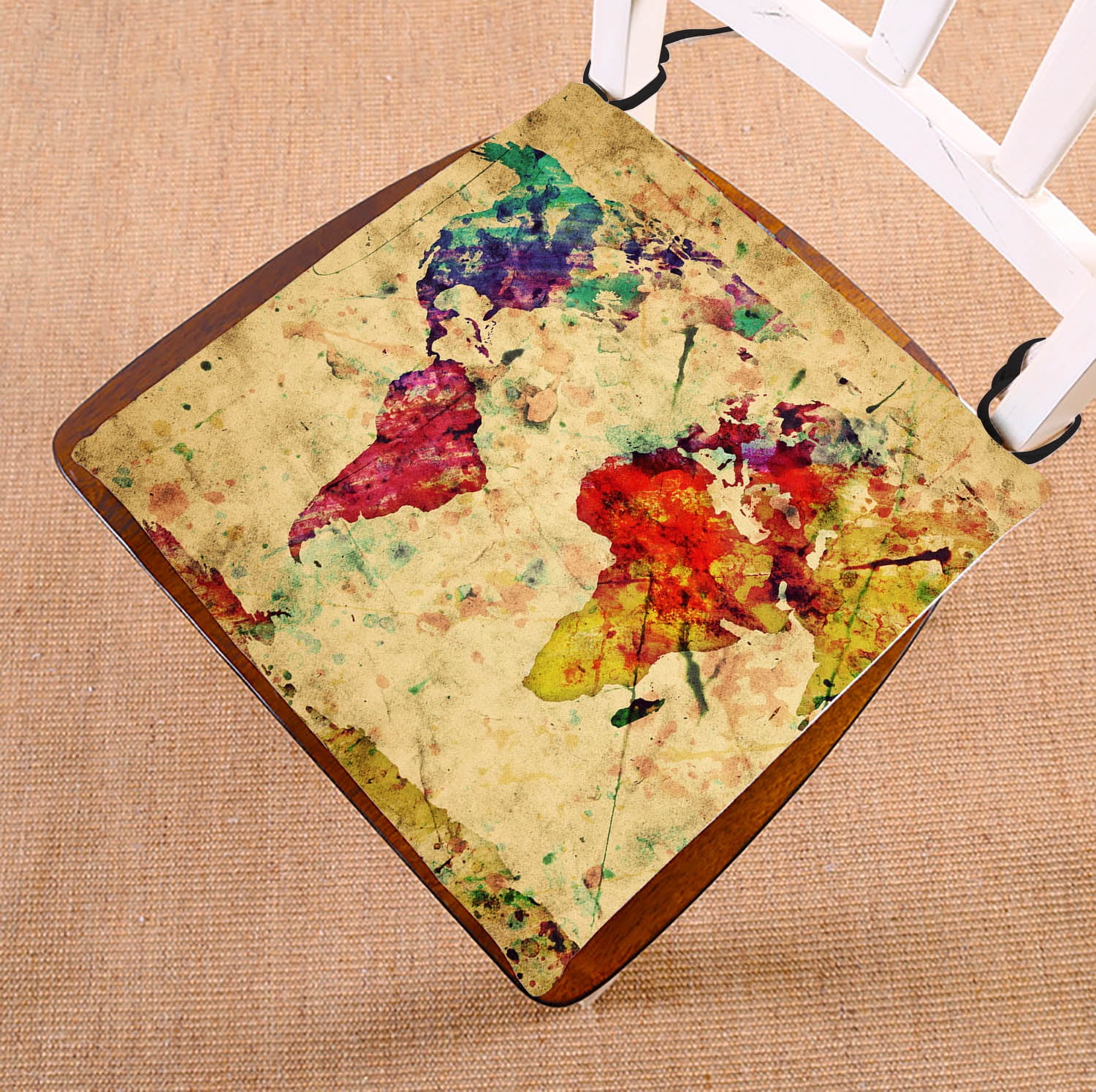 GCKG World Map Chair Cushion,Colorful Retro World Map Chair Pad Seat ...