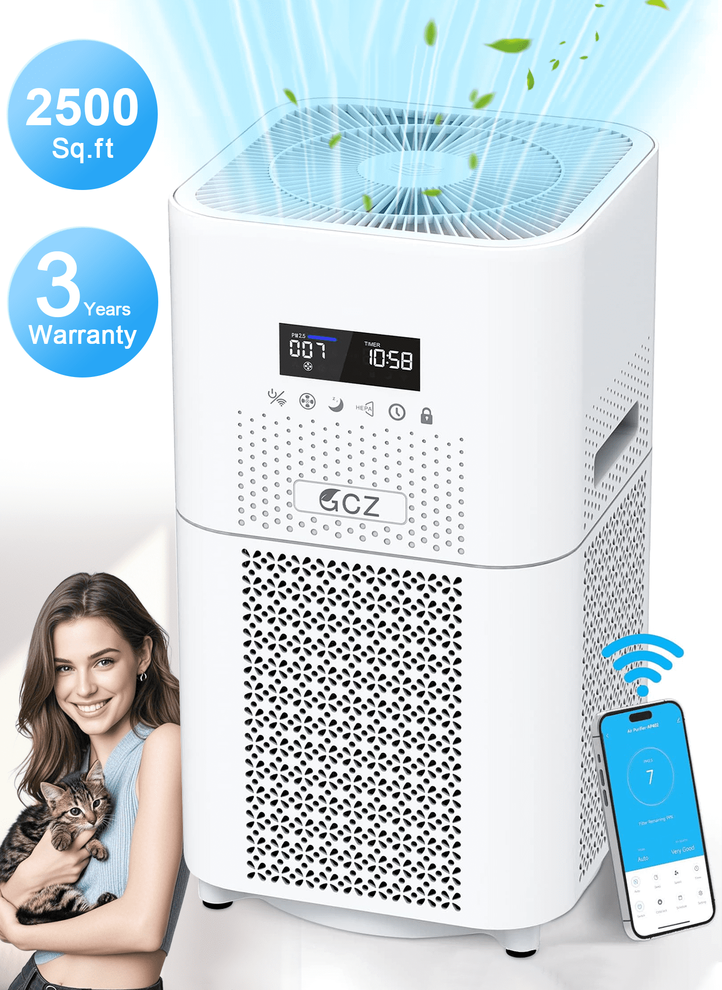 GCZ Air Purifier for Large Rooms, 2500 Sq. ft Smart WiFi Air Cleaner ...